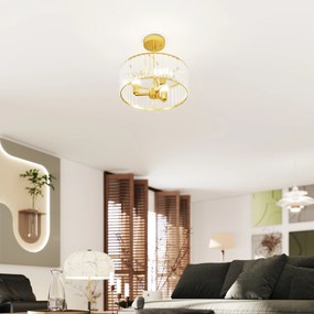 Stropní svítidlo, lustrový design, křišťálové stínidlo, 3 žárovky, kov, zlatá barva