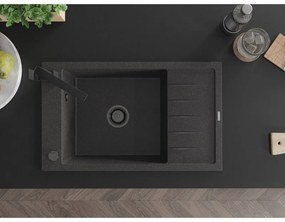 Mexen Elias, granitový dřez granitový 795x480x200 mm, 1-komorový, černá skvrnitá s černým sifonem a černá dřezová baterie Rita, 6511-76-670300-70-B