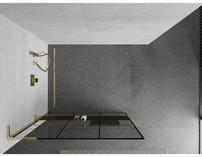 Mexen Kioto+ L, sprchová zástěna Walk-In s poličkou a věšákem 100 x 200 cm, 8mm čiré sklo černý vzor, ​​zlatý lesklý profil, 800-100-123-50-77