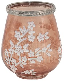 Béžovo-hnědý skleněný svícen na čajovou svíčku s květy Teane  - Ø 9*10 cm