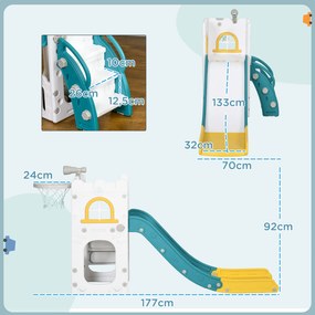 Dětská skluzavka, 5 v 1, skluzavka pro batolata s basketbalovým košem, teleskopická prolézačka žlutá 70 x 177 x 92 cm