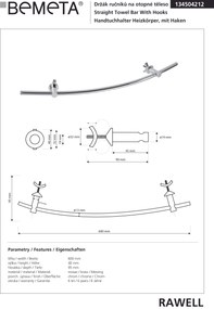Bemeta Design RAWELL: Držák ručníků na topné těleso, 600 mm, lesk -