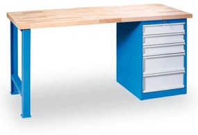 Dílenský pracovní stůl GD, buková spárovka, pevná noha + zásuvkový dílenský box na nářadí, 5 zásuvek, 1500 x 685 x 850 mm, modrá