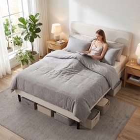 HOMCOM Postelový rám 140 x 200 cm s nastavitelným čelem, čalouněná postel s lněným vzhledem se 12 překližkovými laťkami, béžová