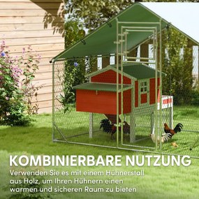 Ocelový výběh pro kuřata PawHut, 300 x 200 x 195 cm, klec pro kuřata s krytem odolným proti UV záření, dvířka na krmení, závěsné krmítko, bidýlko, vý…