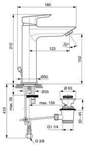 Ideal Standard Tesi - Umyvadlová baterie GRANDE, s odtokovou garniturou, Chrom, A6563AA