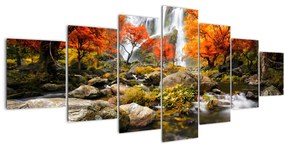 Obraz - Vodopády v oranžovém lese (210x100 cm)