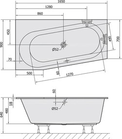 Polysan ASTRA WL SLIM 165 x 90 x 48 cm 30611S asymetrická vana levá bílá
