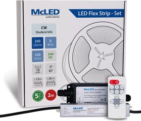 McLED LED pásek - sada 2 m + Přijímač Nano IP67, 240 LED/m, CW, 6 W/m, DC 24V, 520 lm/m, CRI90, IP67, 10 mm, vodič 3 m ML-126.032.90.S02002