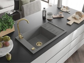 Mexen Elias, granitový dřez granitový 795x480x200 mm, 1-komorový, šedá se zlatým sifonem, 6511791005-71-G