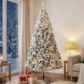 HOMCOM zasněžený vánoční strom se 240 teple bílými LED 200 cm, 850 těžce zápalných, skládacích větví, skládací kovový stojan