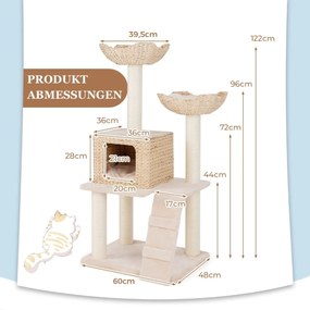 Costway Cattail cat tree se sisalovými sloupky a sedadlem a domečkem pro kočky