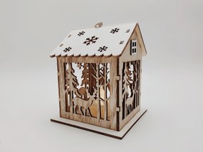 LED světelná dřevěná dekorace, bílý domeček s vyrytým sobem, 10x10x12cm