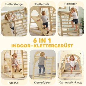 AIYAPLAY Vnitřní horolezecká konstrukce, 6v1 design, skluzavka, lezecké tyče, lezecká stěna, žebřík, lezecká síť, 3-6 let, dřevo