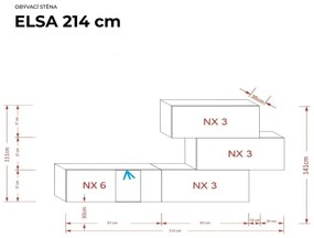 Ral Obývací stěna ELSA 1, 214 cm - Bílý lesk