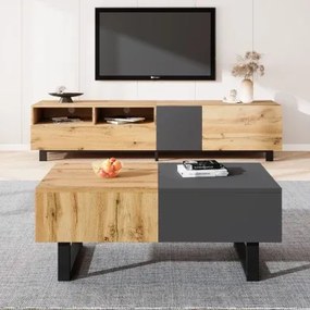 Aosom Konferenční stolek - Moderní posuvný konferenční stolek s ukrytým úložným prostorem, dřevěná a kovová konstrukce, 155x55x22 cm, přírodní barvy