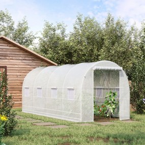 Zahradní tunelová skleník Outsunny s 8 okny a rolovacími dveřmi, kovový rám a polyethylenový kryt, 5x2x2m, bílý