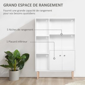 HOMCOM Skandinávská Knihovna s Úložným Prostorem, rozměry 80 Š x 23,5 H x 123 V cm, 5 nik, skříňka, 2 dveře, zúžené nohy z masivního borovicového dře…