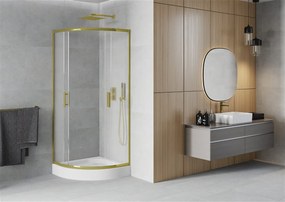 Mexen Rio, čtvrtkruhový sprchový kout 70(dveře)x70(dveře)x190 cm, 5mm sklo námraza, zlatý profil + bílá sprchová vanička RIO, 863-070-070-50-30-4710