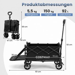 Costway 92 L Skládací všestranný ruční vozík s nastavitelnou brzdou
