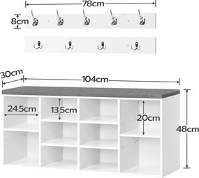 Předsíňový věšák s botníkem a sedákem Vasagle Jungo 104 cm bílý/šedý