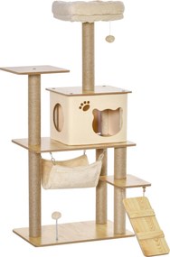 PawHut dřevěný kočičí strom s prolézačkou a kočičí jeskyní, jutové špalky, míčky na hraní, žlutý, 60x40x130cm pro aktivní kočky | Aosom.de