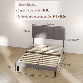HOMCOM Dvoulůžkový Rám Postele, 140 x 190 cm, Postel pro 2 osoby, Kovový Rám, Nastavitelný Čelní Panel, s Lamelovým Roštem, Úložný Prostor pod Postel…