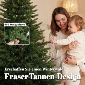 HOMCOM Umělý vánoční stromek 180 cm, jedle Fraser s dřevěným stojanem, 988 realistických špiček větviček pro domácnost a kancelář, zelený