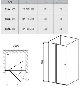 Ravak Chrome Sprchové dveře s pevným segmentem 120 cm, Alu/Transparent 0QVGCC00Z1 CSD2-120