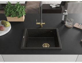 Mexen Pedro, granitový dřez 560x460x200 mm, 1-komorový, černá-zlatá metalíza se zlatým sifonem, 6508561000-75-G