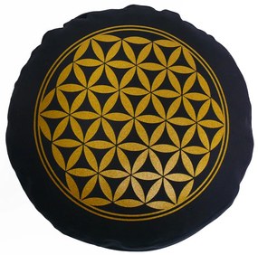 S radostí - vlastní výroba Meditační polštář se zlatým Květem života - černý Velikost: ∅30 x v25 cm