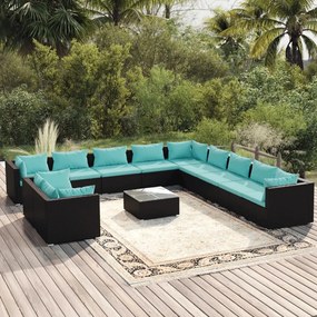 vidaXL 12dílná zahradní sedací souprava s poduškami polyratan [3102541] Barva: Černá a modrá water blue