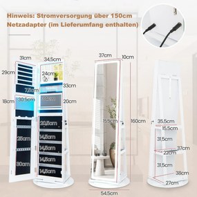 Costway Šperkovnice se zrcadlem Šperkovnice zrcadlová – 54,5 × 54,5 × 160 cm