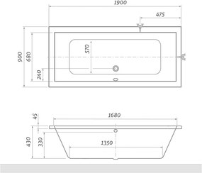 Obdélníková akrylátová vana KUBIC /190x90 S 1900 × 900 220 l 9390000