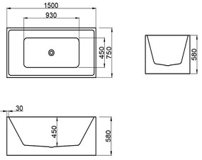 BPS-koupelny Volně stojící akrylátová vana HYD-SAN507A 150x75 bílá, odtokový komplet černý