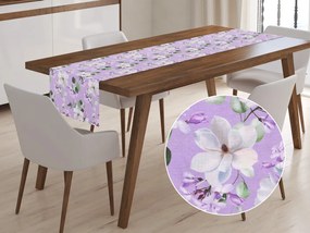 Biante Dekorační běhoun na stůl PML-044 Květy magnolie na fialovém 35x140 cm