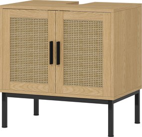 Kleankin koupelnová skříňka s rattanovým vzhledem, umyvadlová skříňka s ochranou proti převrhnutí, Dub, 60 x 39 x 60 cm | Aosom