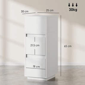 HOMCOM sada 2 úzkých vysokých nočních stolků se 2 zásuvkami a otevřenou policí — úsporné moderní stolky do ložnice a obýváku, 25 x 30 x 65 cm, bílá