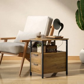 HOMCOM Odkládací stolek, noční stolek s 2 zásuvkami, USB port, 1 port typu C, kabel 143 cm, zásuvky a polička, přírodní dřevo