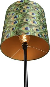 Stojací lampa černá s sametovým stínítkem s motivem páva zlatá 40 cm - Simplo