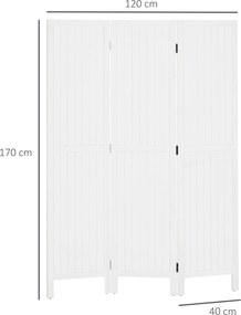 HOMCOM 3-panelový skládací paravan 120x1,8x170 cm, prvek soukromí, rustikální styl pro kancelář, ložnici a obývací pokoj, bílý