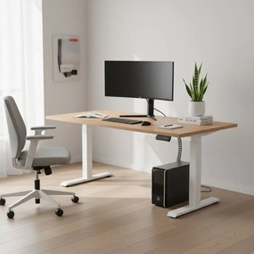 Výškově nastavitelný stůl OfficeTech C, 180 x 80 cm, bílá podnož, buk