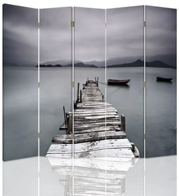 Ozdobný paraván, Most v šedé barvě - 180x170 cm, pětidílný, obustranný paraván 360°