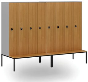 Dřevěná šatní skříňka S4 s lavičkou, 4 oddíly, 1871 x 1200 x 500/800 mm, demont, RFID zámek, šedá/oranžová