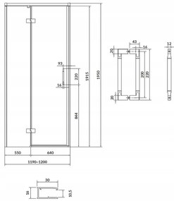 Cersanit Larga, křídlové dveře do otvoru 120x195cm, levé provedení, 6mm čiré sklo, černý profil, S932-130