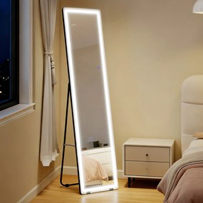 HOMCOM stojací zrcadlo 2 v 1 s LED světlem, volně stojící, hliník, nastavitelný světelný zdroj, 40 cm x 37 cm x 157,5 cm