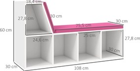 HOMCOM knihovní regál 2 v 1 s lavicí, 5 úložných přihrádek a 2 polštáři 108 x 30 x 60 cm bílá/růžová