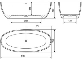 Mexen Torino, volně stojící vana z konglomerátu 175 x 78 cm, bílá matná, 57271557800