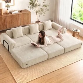 HOMCOM skládací pohovka 245 cm, vakuově balená 3-místná modulární pohovka z chenillu s velkou sedací plochou, 3 polštáře, béžová