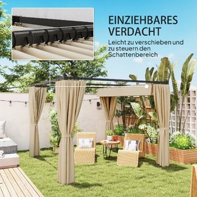 Pergola 3 x 3 m Volně stojící zastřešení terasy s posuvnou střechou, 4 boční stěny odolné proti UV záření Béžová barva